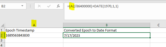 How to convert Vantage epoch timestamp in Excel